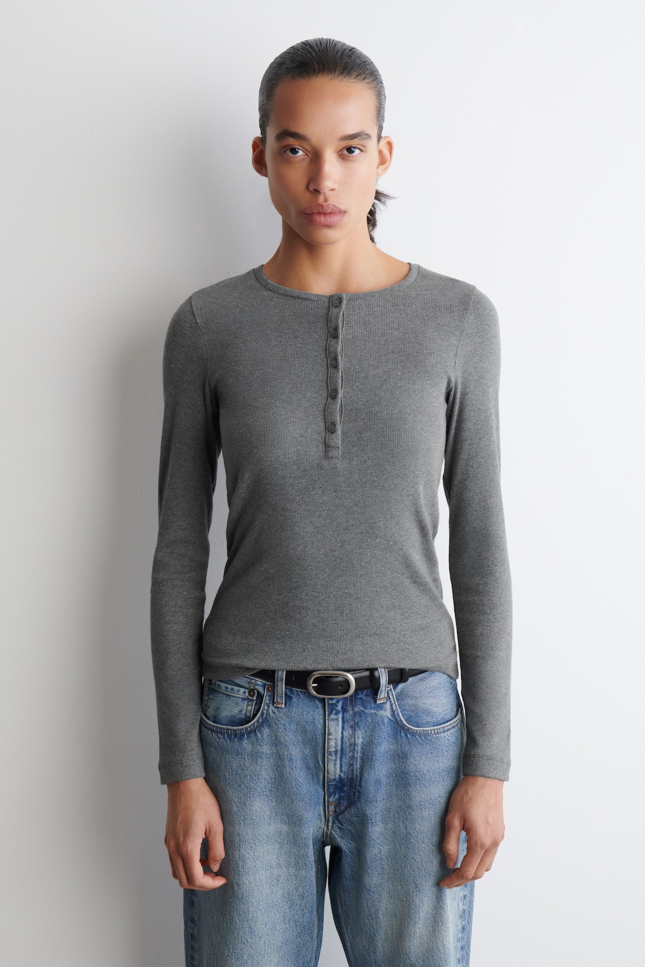 LONG-SLEEVED HENLEY TOP - GRAY MÉLANGE | COS
