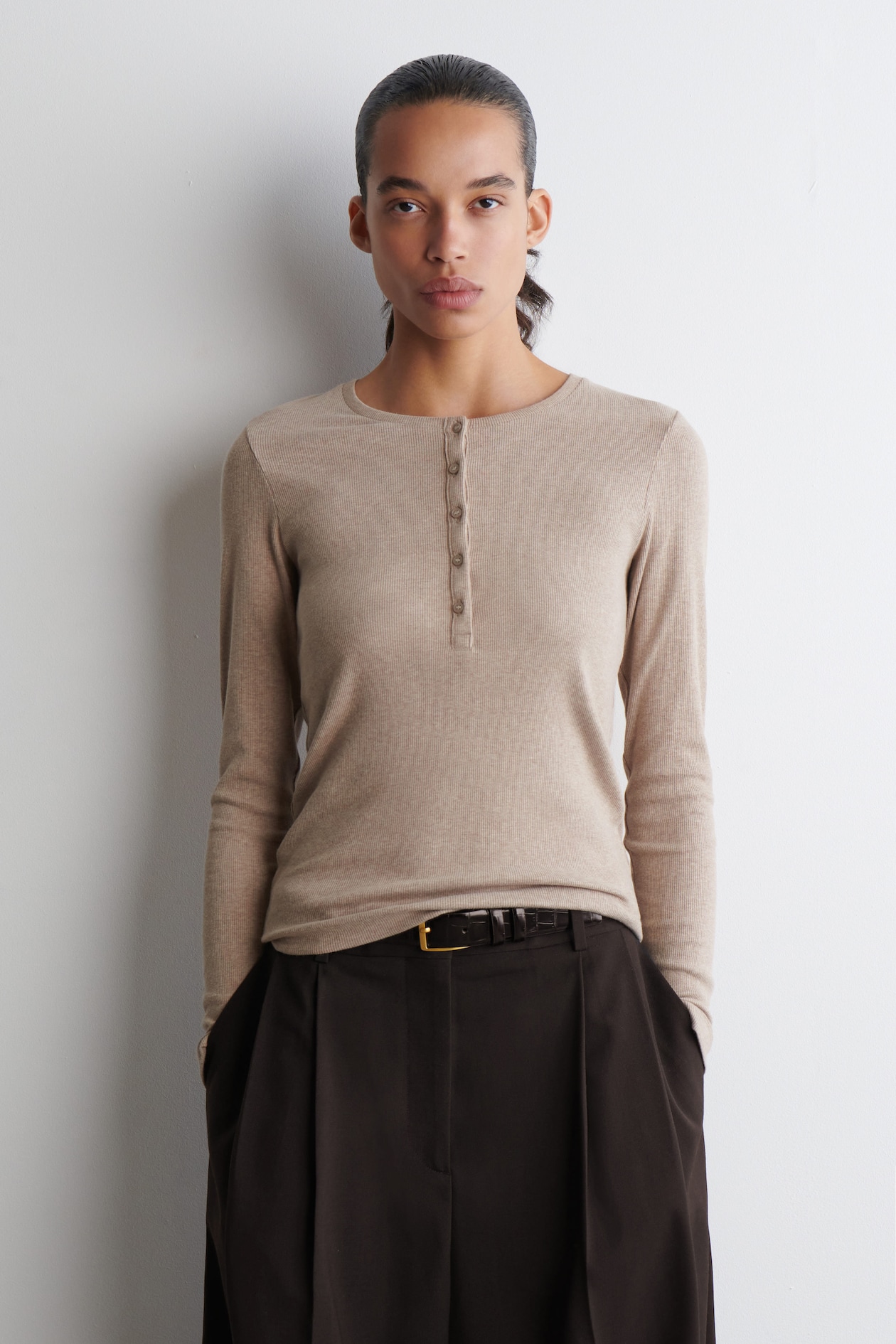 LONG-SLEEVED HENLEY TOP - BEIGE MÉLANGE | COS US