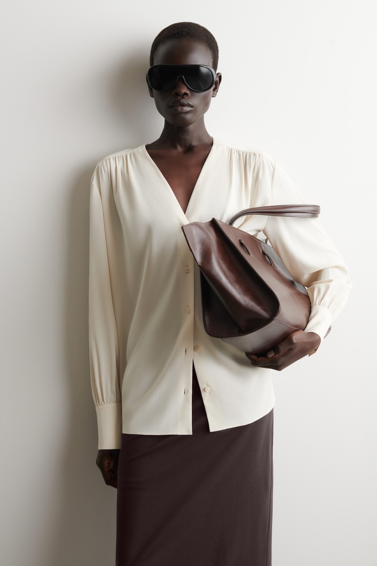 GATHERED V-NECK BLOUSE - LIGHT BEIGE | COS