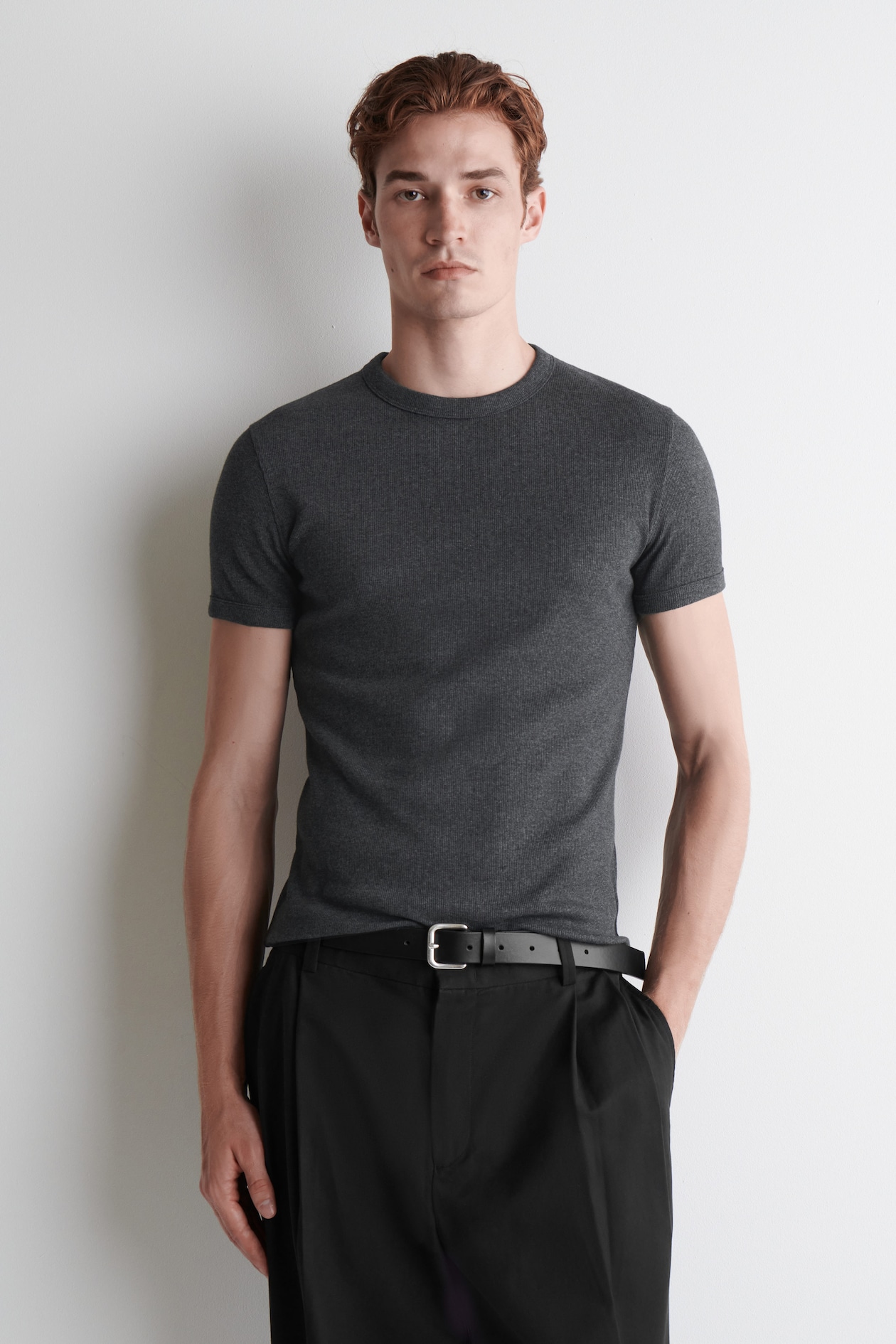 SLIM RIBBED COTTON T-SHIRT - CHARCOAL | COS