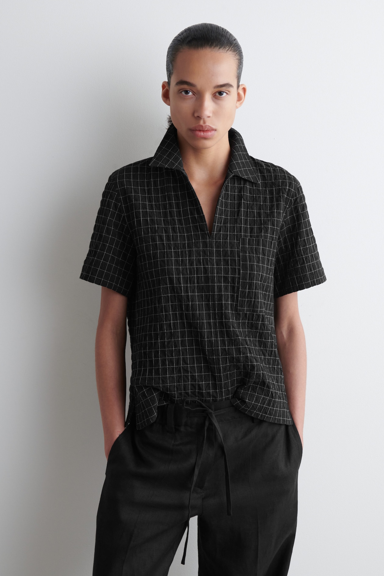 OPEN-COLLAR CHECKED COTTON SHIRT - BLACK / CHECKED | COS