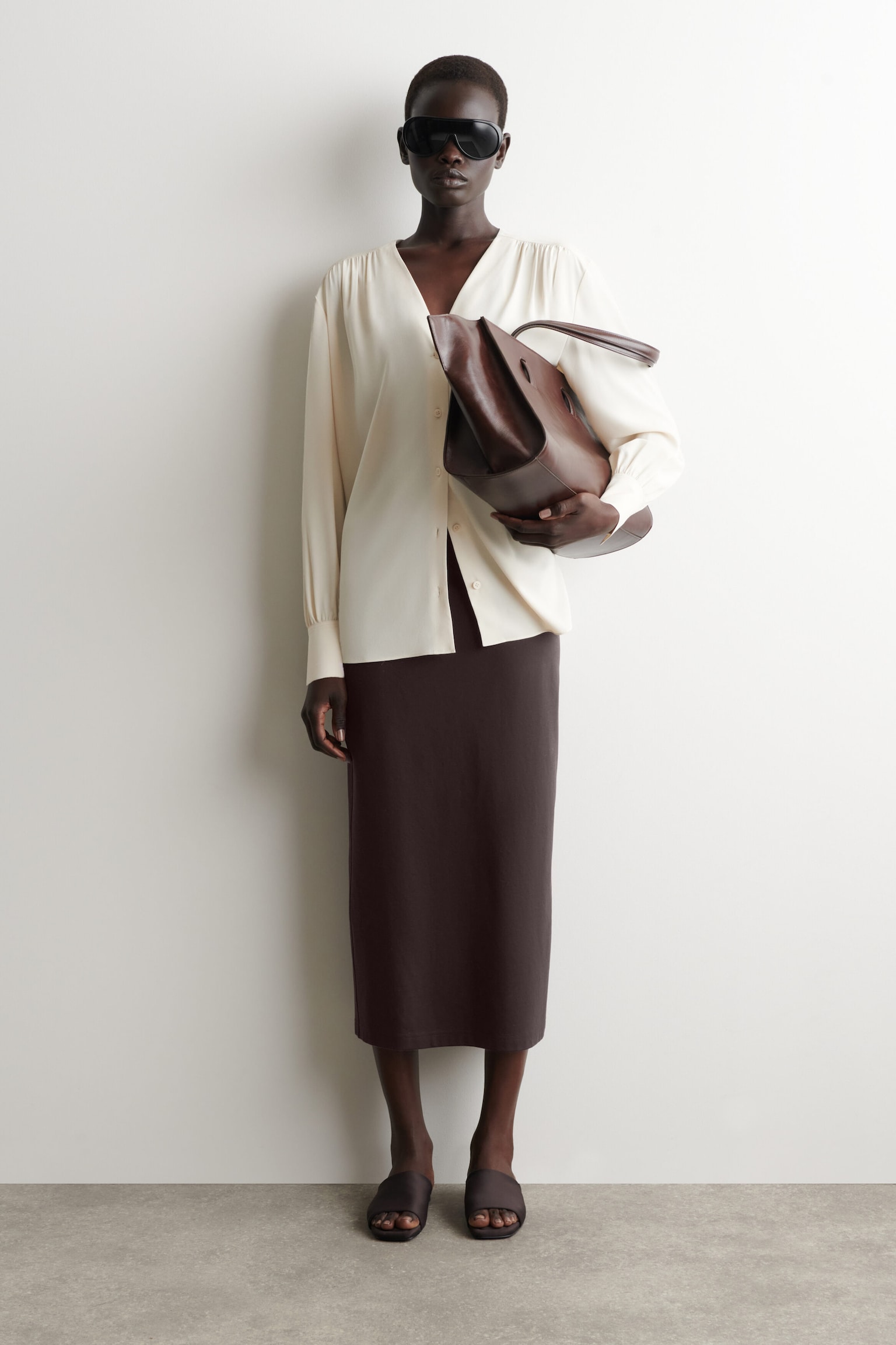 GATHERED V-NECK BLOUSE - LIGHT BEIGE | COS US
