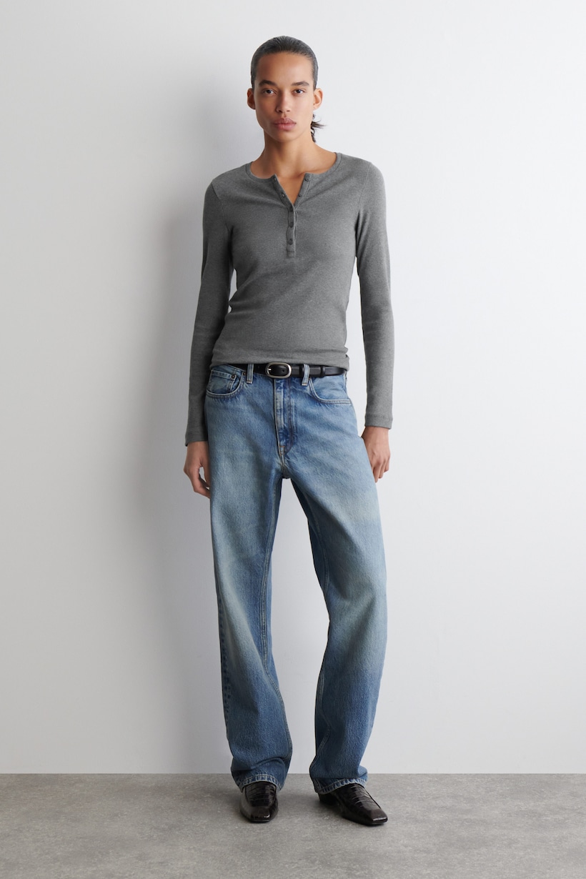 LONG-SLEEVED HENLEY TOP - GREY MÉLANGE | COS GB