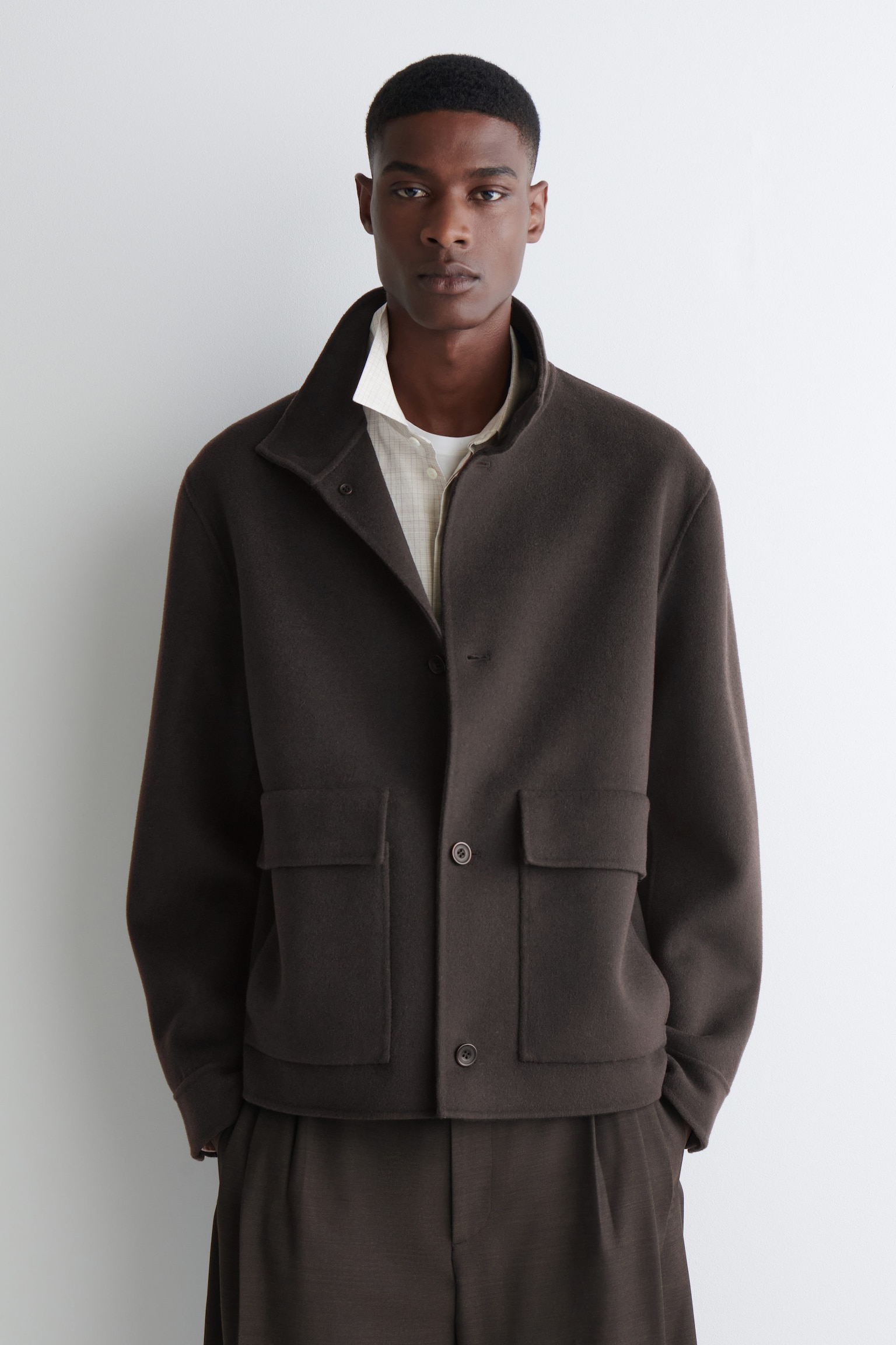 DOUBLE-FACED WOOL FUNNEL NECK JACKET - DARK BROWN | COS DE