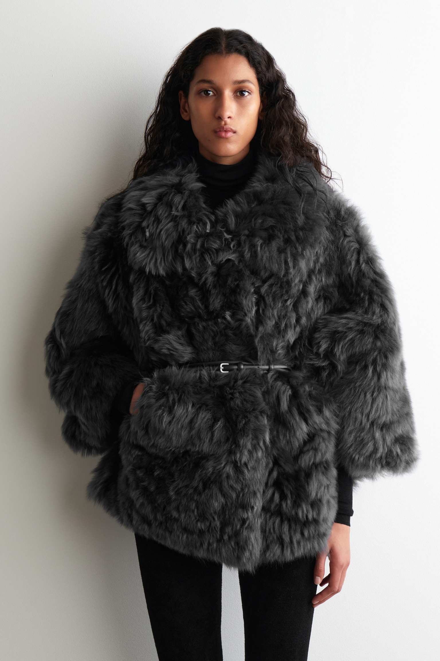 FUNNEL-NECK SHEARLING JACKET - STEEL | COS AU