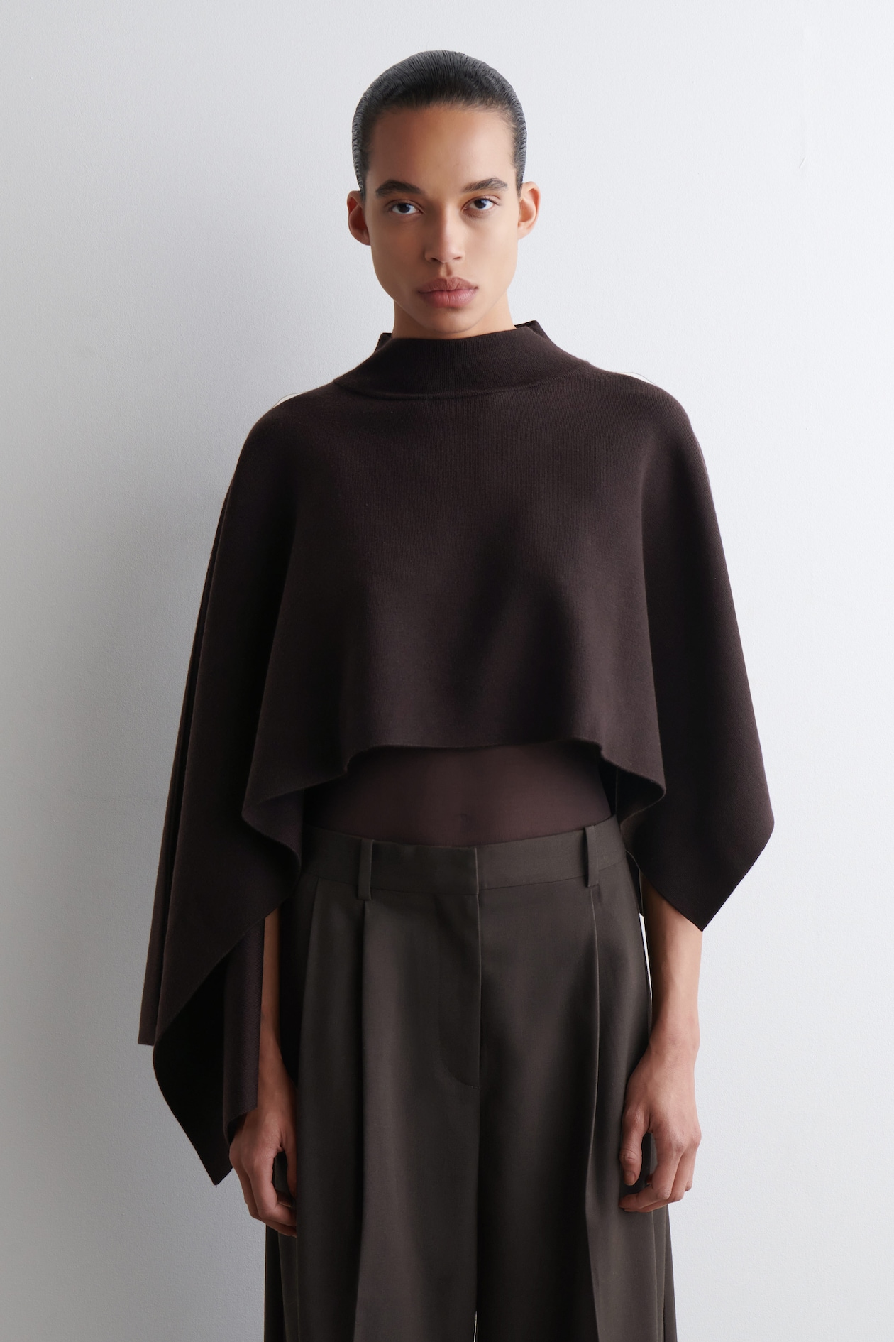 ASYMMETRIC DOUBLE-KNIT WOOL CAPE - DARK BROWN | COS