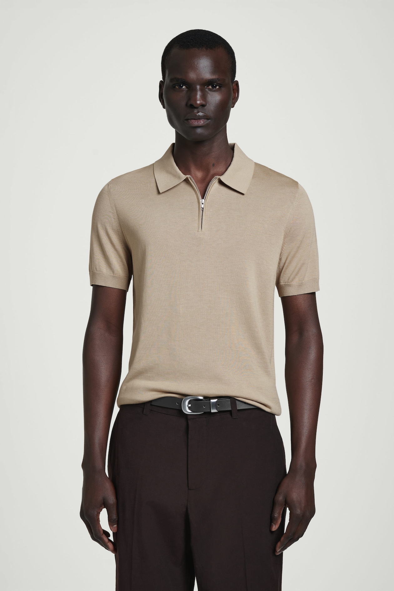 SLIM KNITTED SILK ZIP-UP POLO SHIRT - MOLE | COS