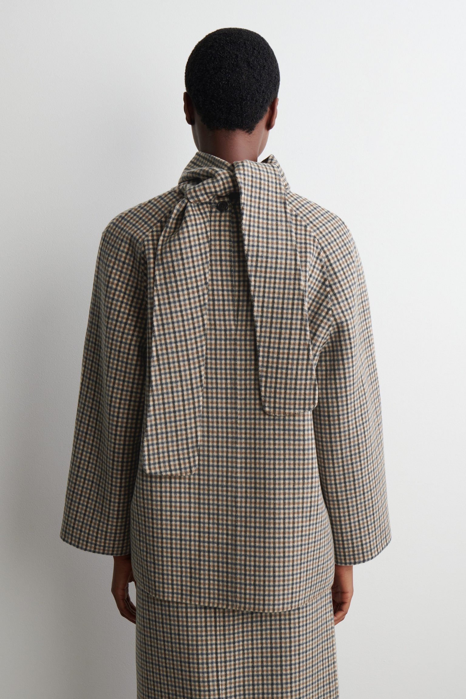 BLOUSE À ÉCHARPE ET CARREAUX EN LAINE DOUBLE FACE - BEIGE / CARREAUX ...