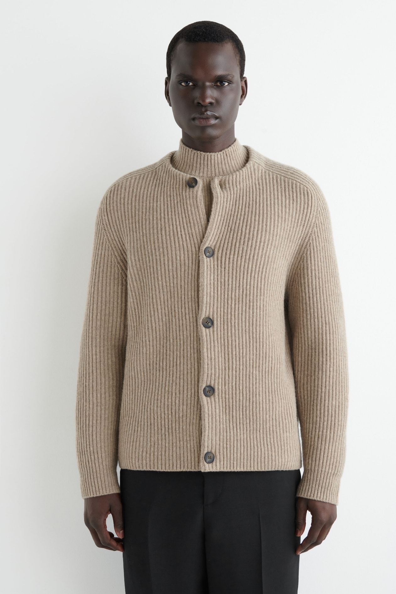 RIBBED WOOL CREW-NECK CARDIGAN - CAMEL MÉLANGE | COS
