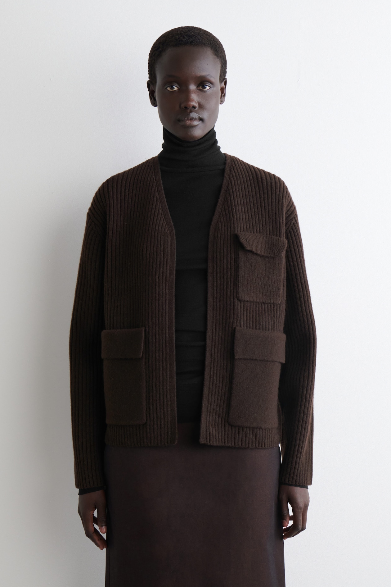 RIBBED MERINO WOOL UTILITY CARDIGAN - DARK BROWN | COS