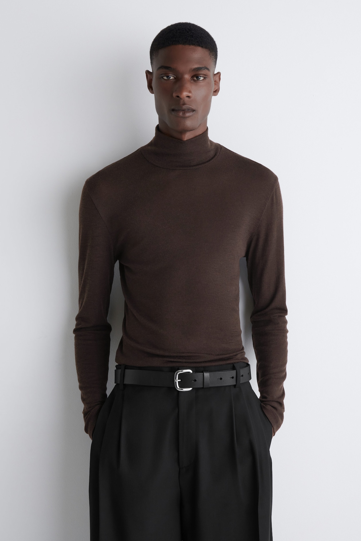SLIM WOOL-JERSEY ROLL-NECK TOP - DARK BROWN | COS