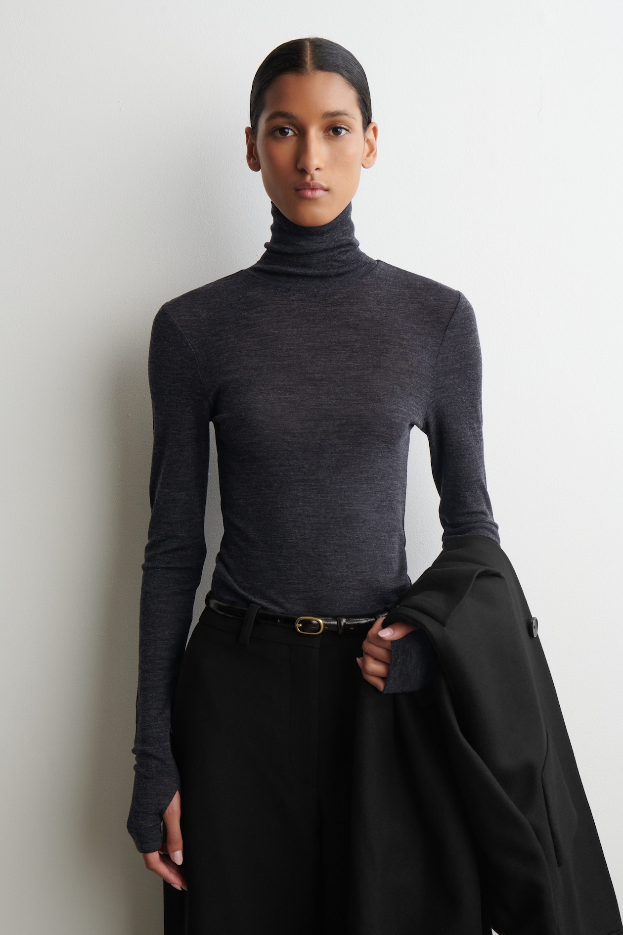 MERINO WOOL HIGH-NECK TOP - DARK GREY MÉLANGE | COS