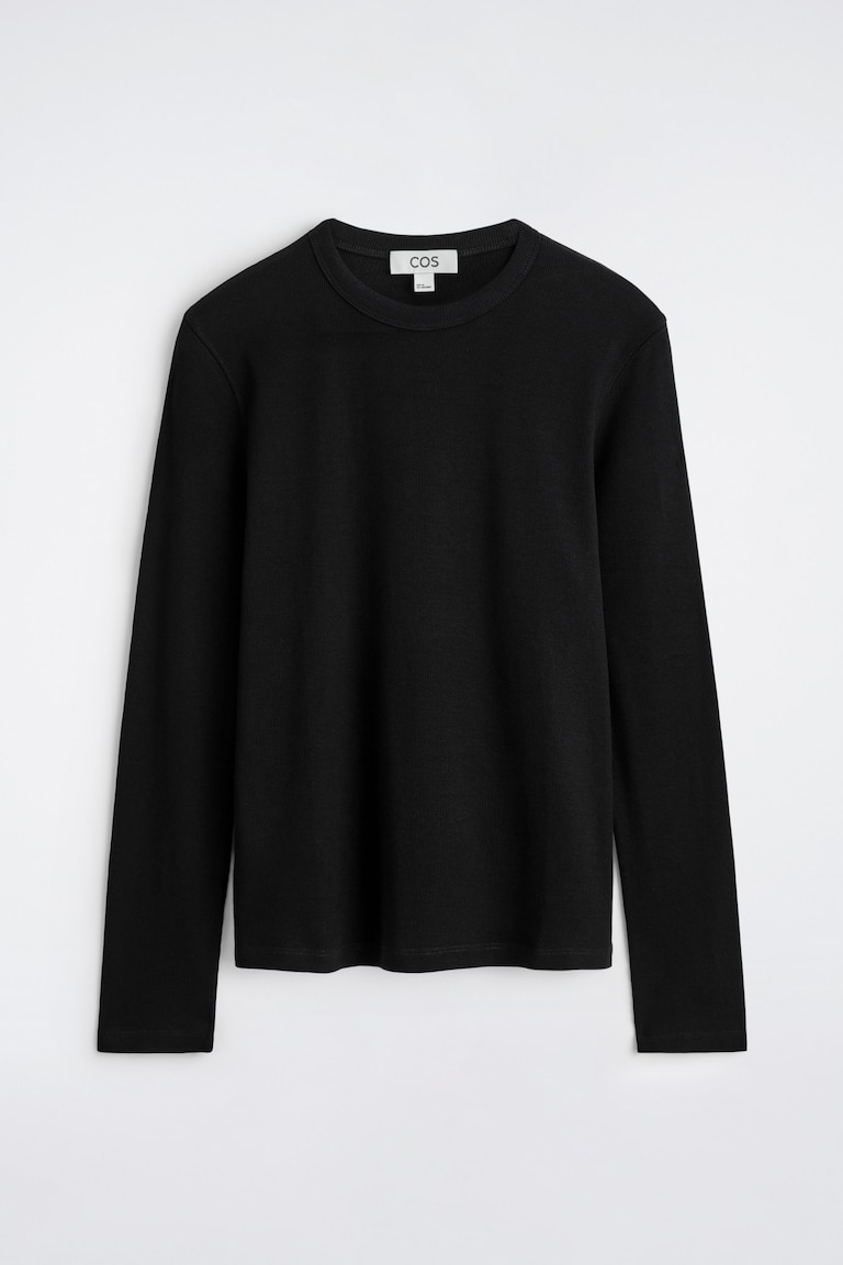 SLIM RIBBED COTTON LONG-SLEEVED T-SHIRT - BLACK | COS