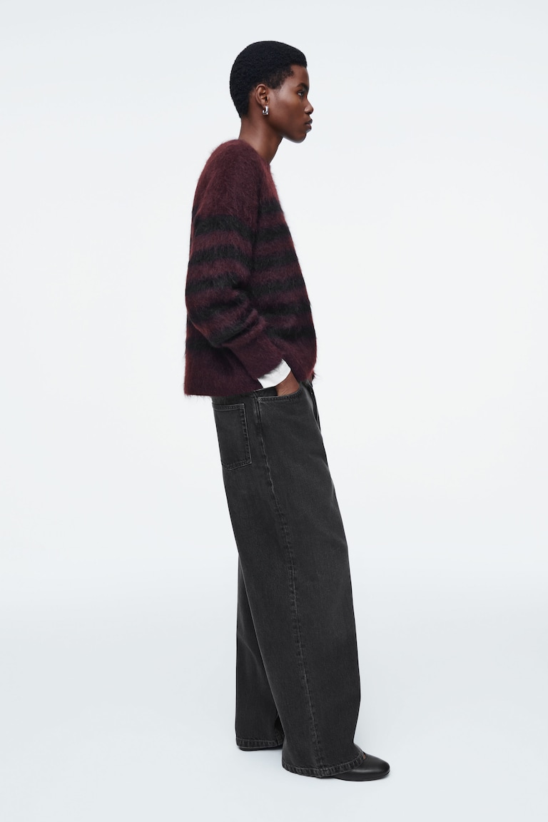 STRIPED BRUSHED-MOHAIR CREW-NECK SWEATER - BLACK / BURGUNDY / STRIPED | COS