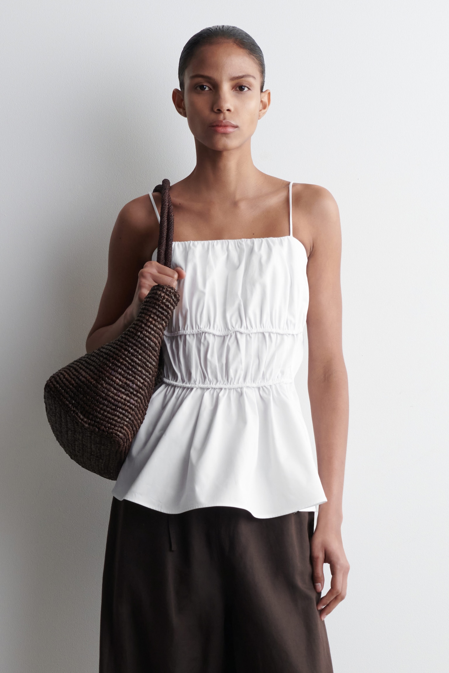 GATHERED COTTON PEPLUM TOP - WHITE | COS
