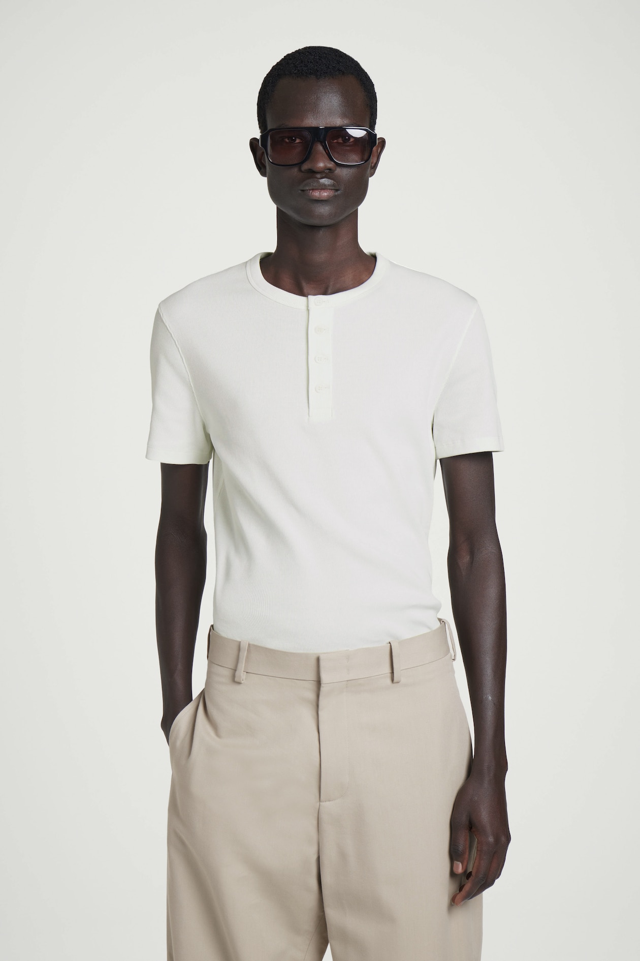 SLIM-FIT RIBBED HENLEY T-SHIRT - WHITE | COS