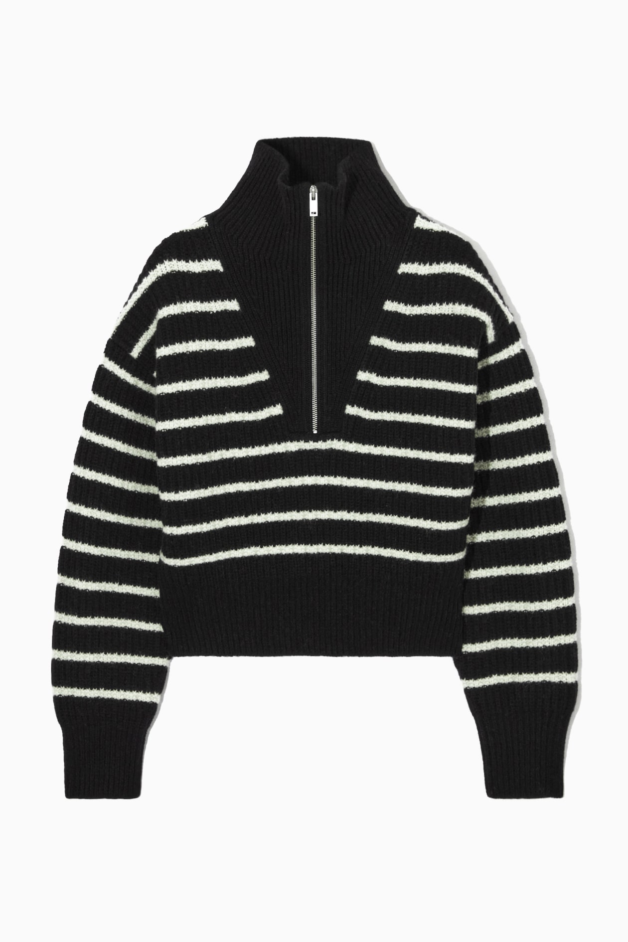 HALF-ZIP FUNNEL-NECK WOOL JUMPER - BLACK / WHITE / STRIPED | COS