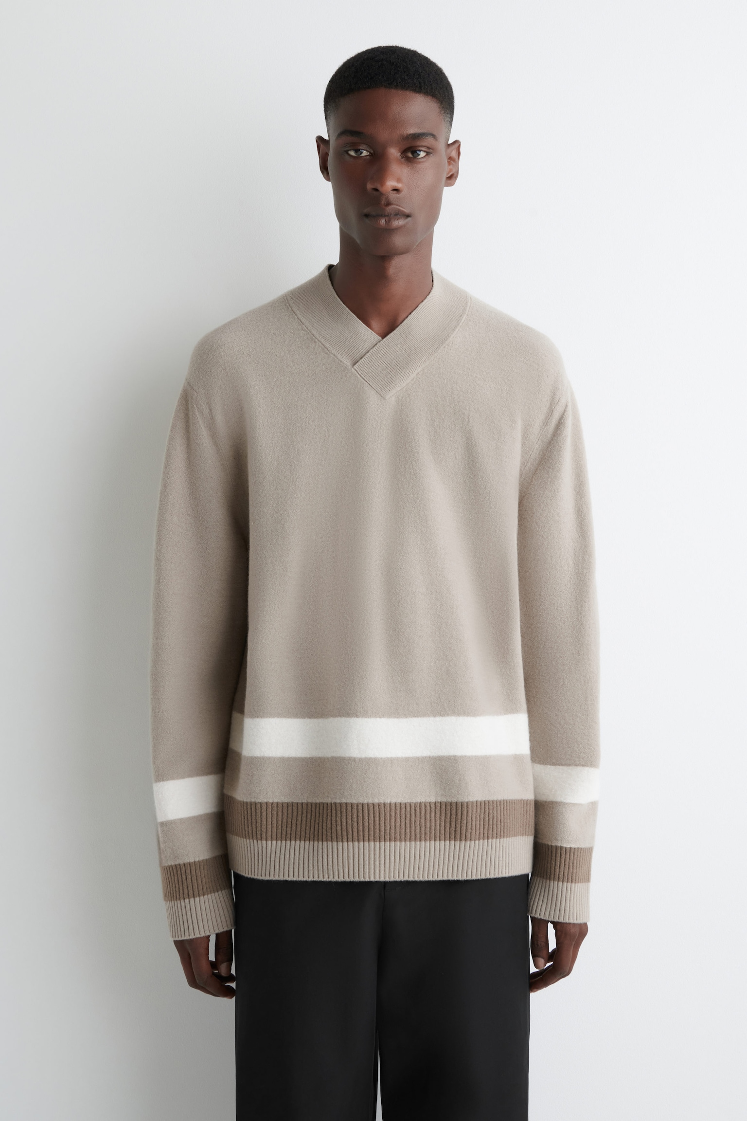 STRIPED BOILED-WOOL V-NECK JUMPER - BEIGE / STRIPED | COS GB