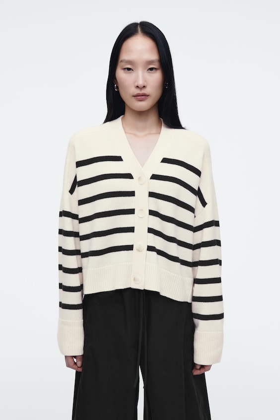STRIPED MERINO WOOL V-NECK CARDIGAN - WHITE / STRIPED | COS