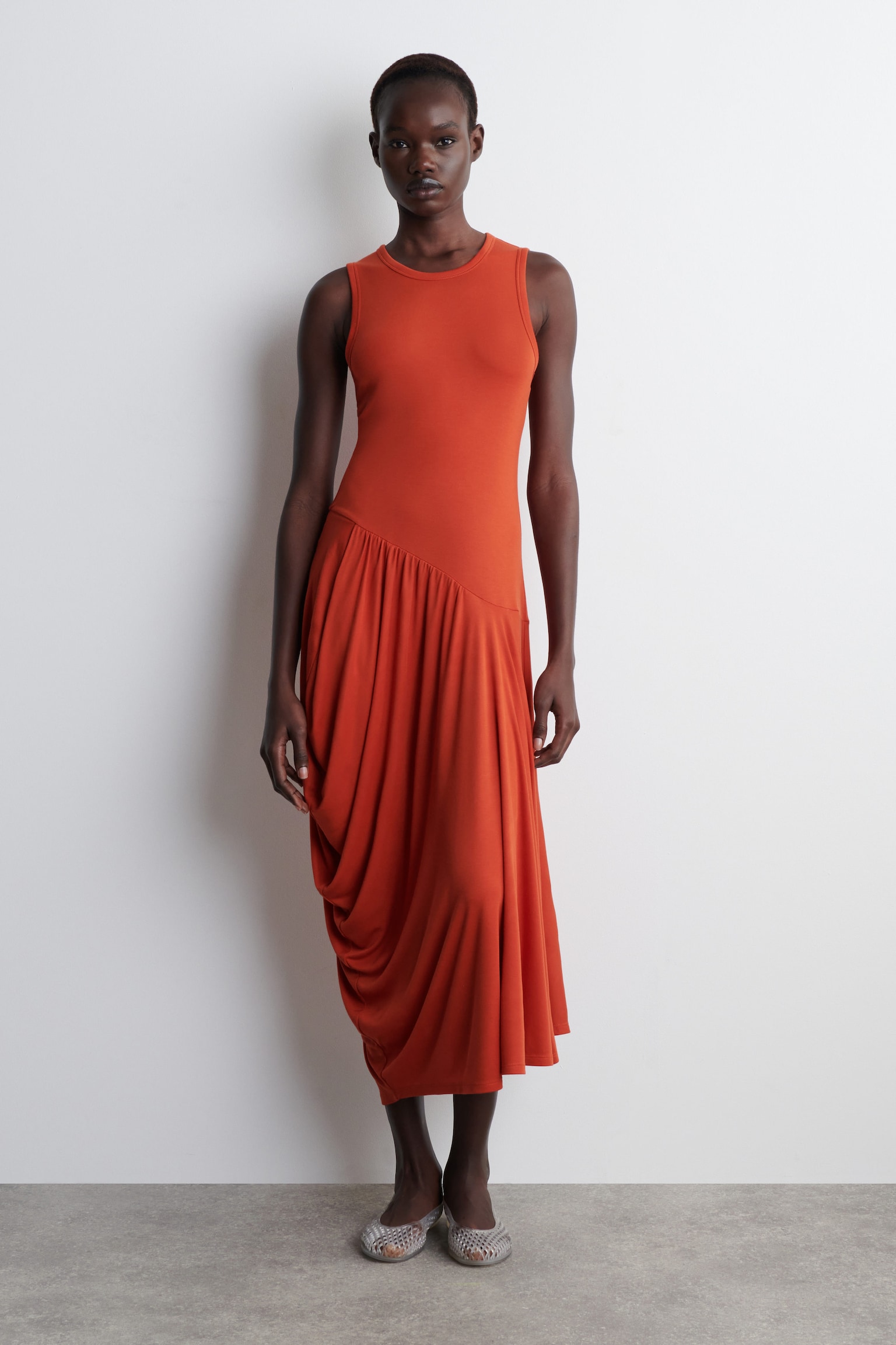 ASYMMETRIC DRAPED MIDI DRESS - DARK ORANGE | COS