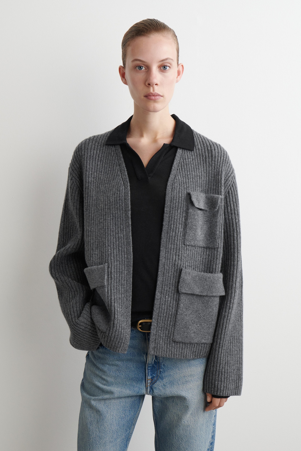 RIBBED MERINO WOOL UTILITY SWEATER - DARK-GRAY MÉLANGE | COS