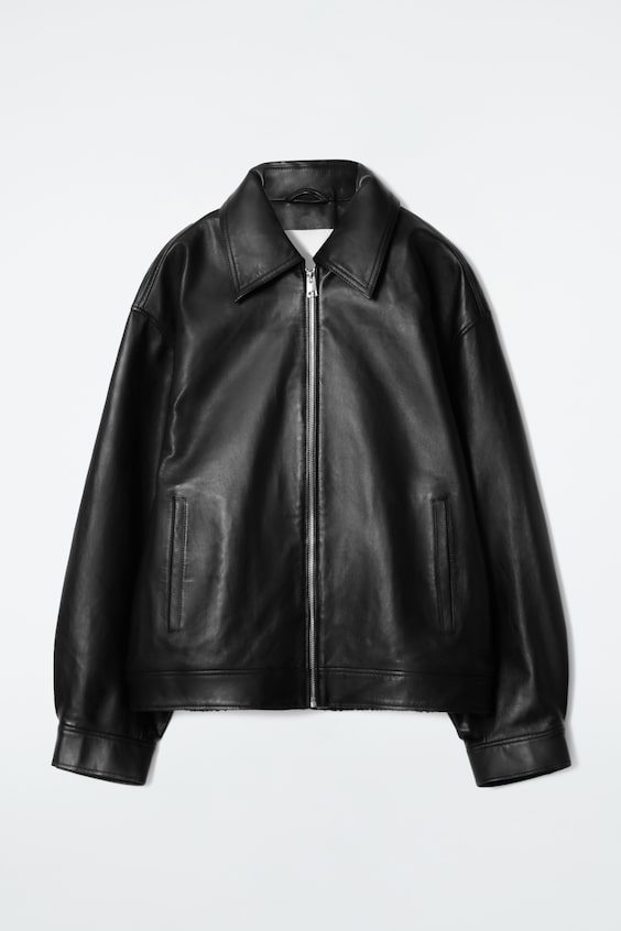 OVERSIZED COLLARED LEATHER JACKET - BLACK | COS