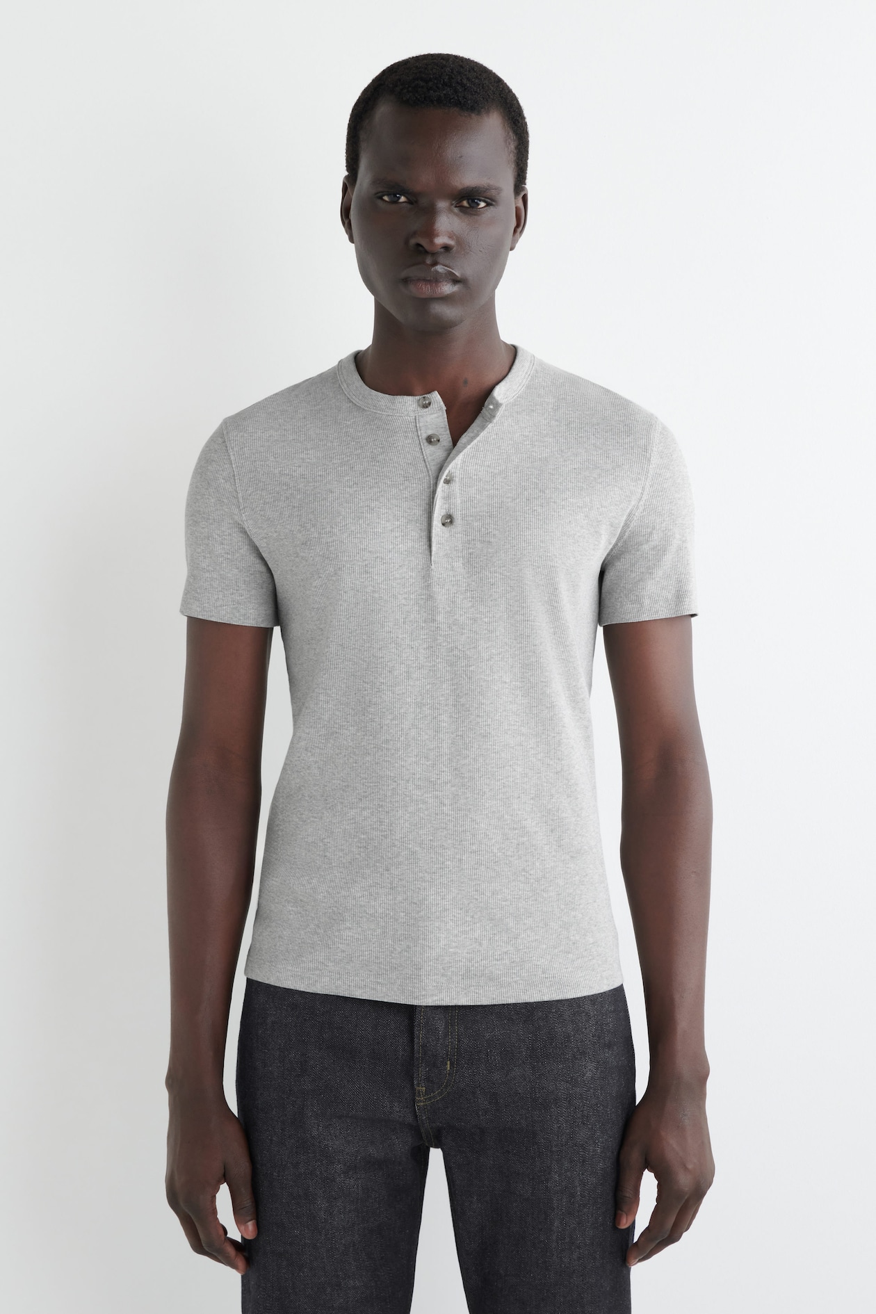 SLIM-FIT RIBBED HENLEY T-SHIRT - GREY MÉLANGE | COS