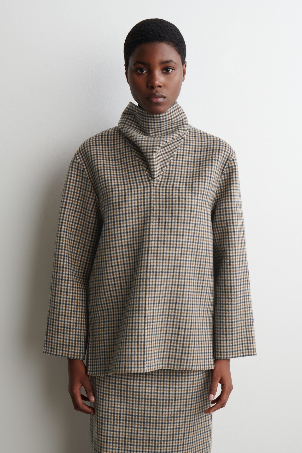 BLOUSE À ÉCHARPE ET CARREAUX EN LAINE DOUBLE FACE - BEIGE / CARREAUX ...