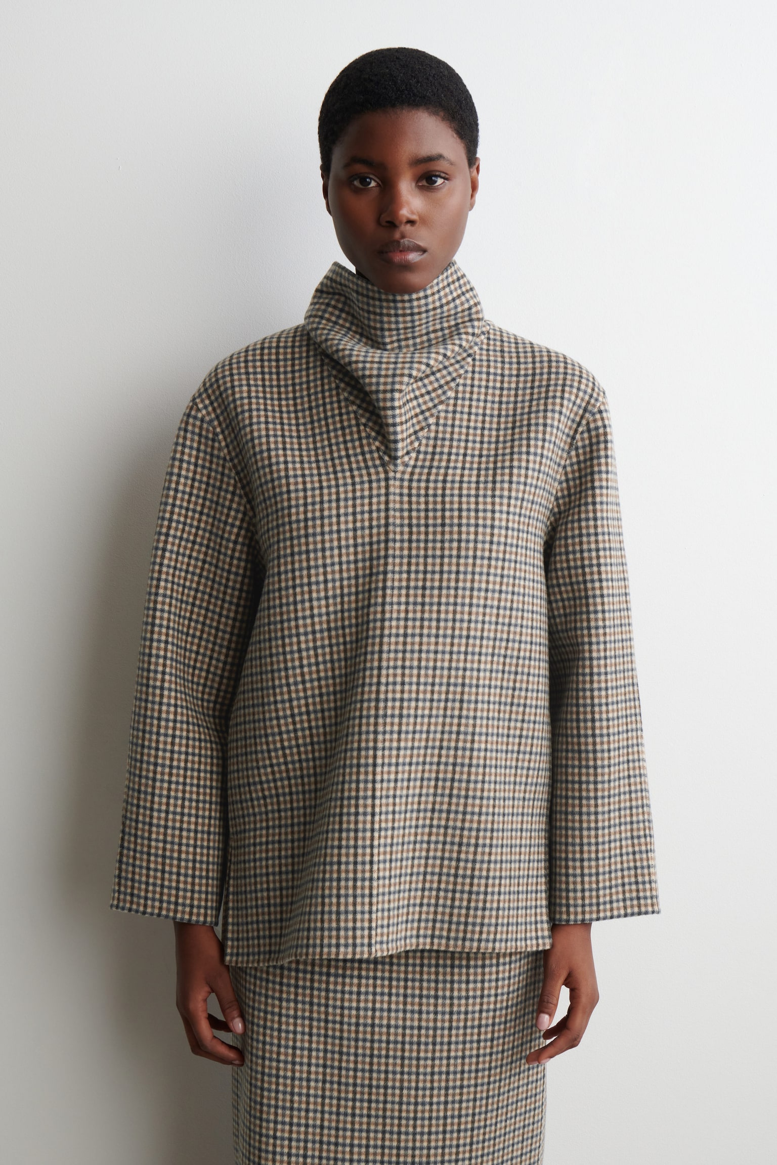 BLOUSE À ÉCHARPE ET CARREAUX EN LAINE DOUBLE FACE - BEIGE / CARREAUX ...