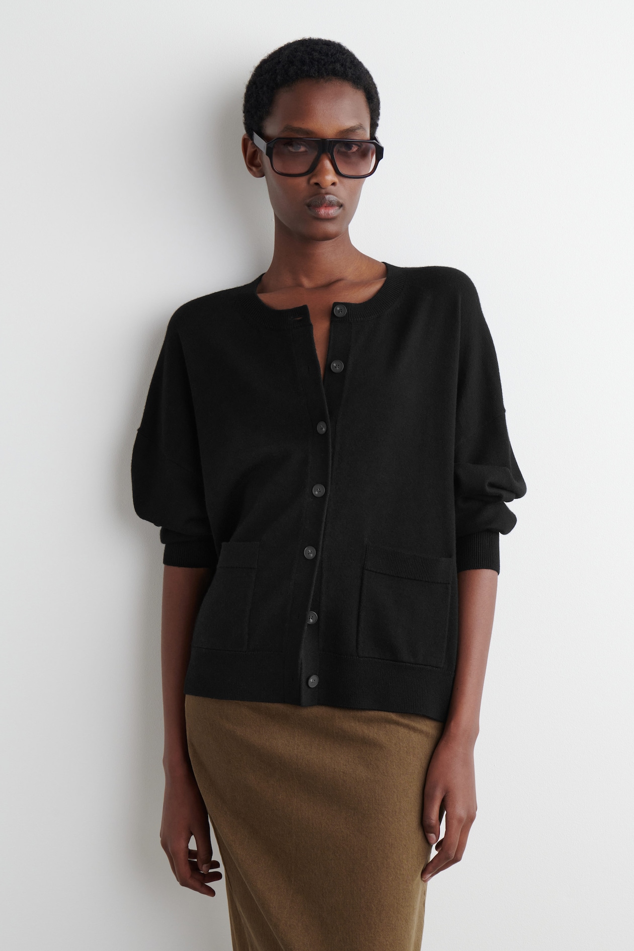 MERINO WOOL CREW-NECK CARDIGAN - BLACK | COS