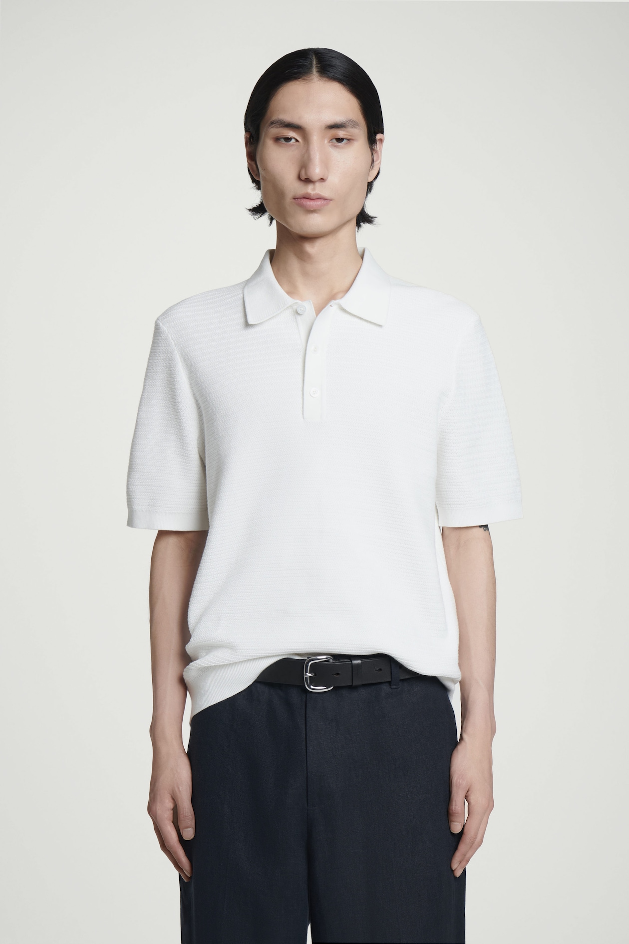 TEXTURED KNITTED COTTON POLO SHIRT - WHITE | COS