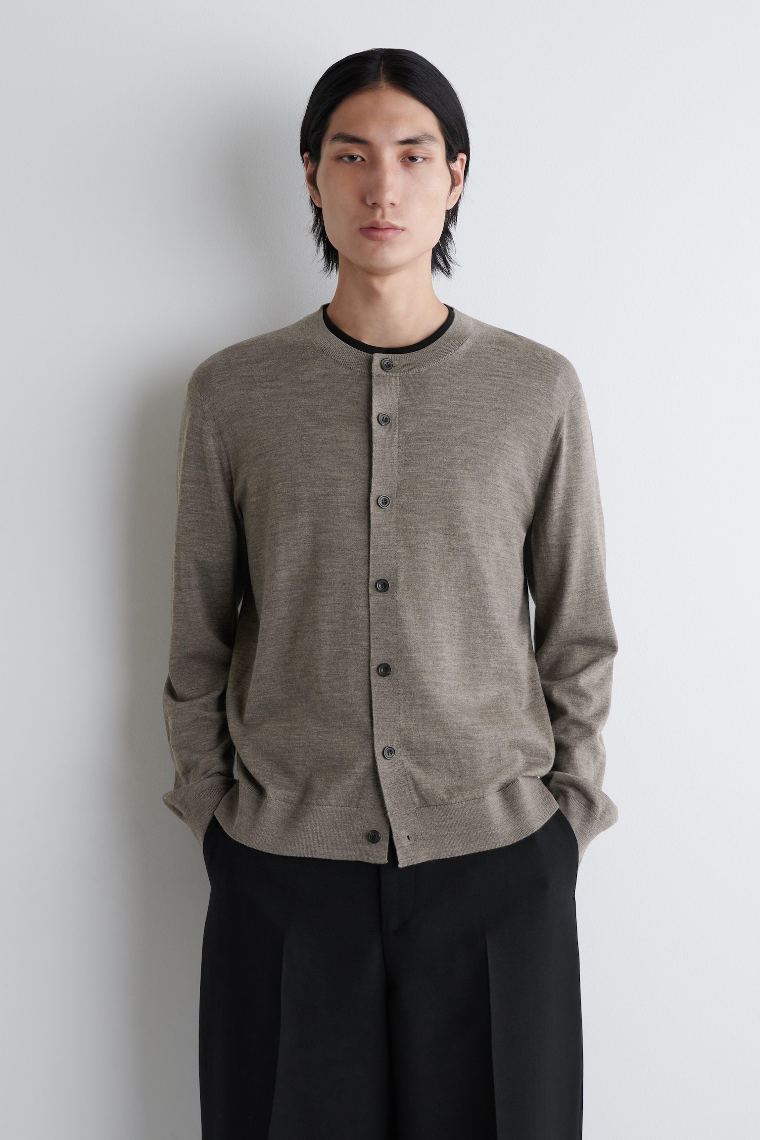 MERINO WOOL CREW-NECK CARDIGAN - GRAY MÉLANGE | COS