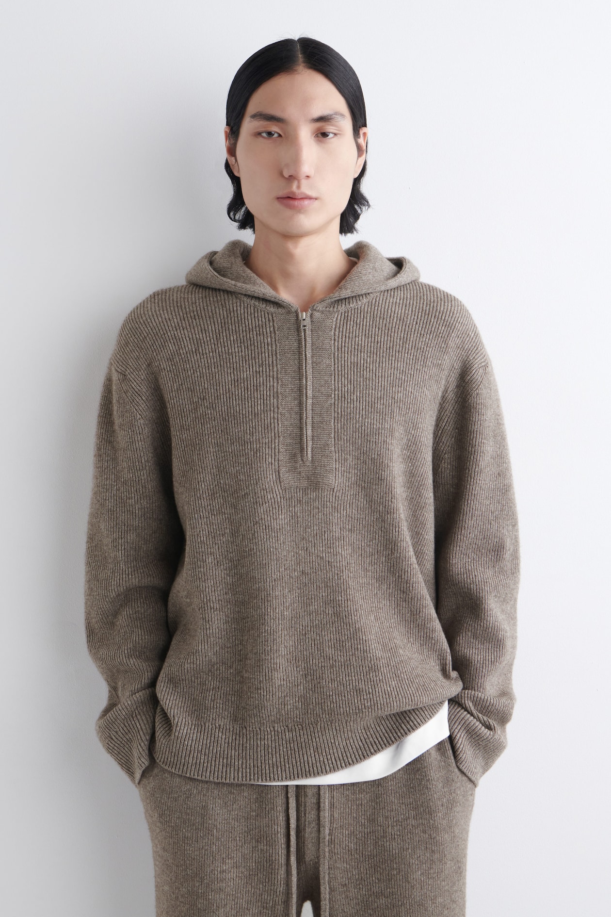 KNITTED MERINO-YAK ZIP-UP HOODIE - BEIGE MÉLANGE | COS