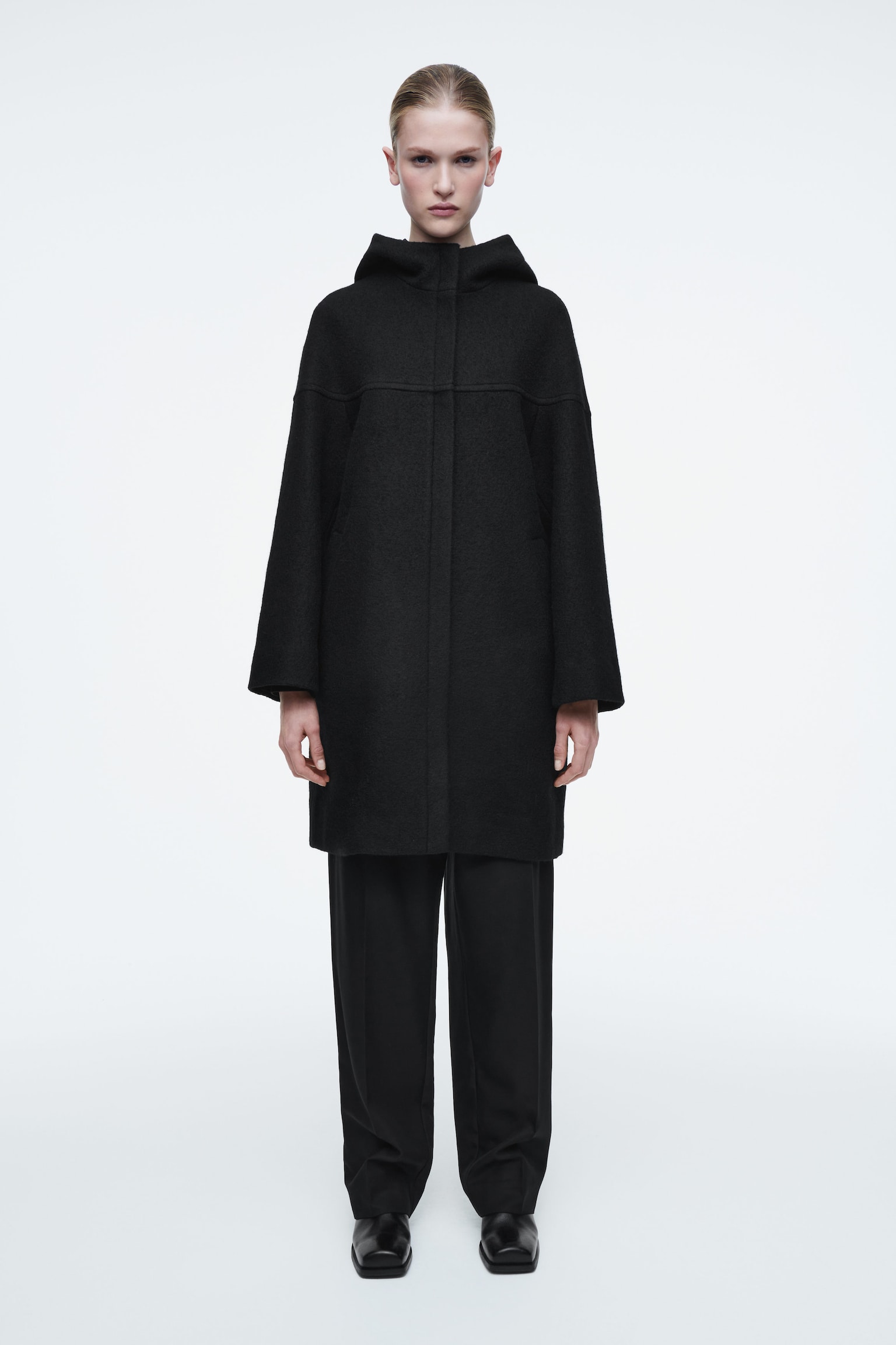HOODED BOILED-WOOL COAT - BLACK | COS