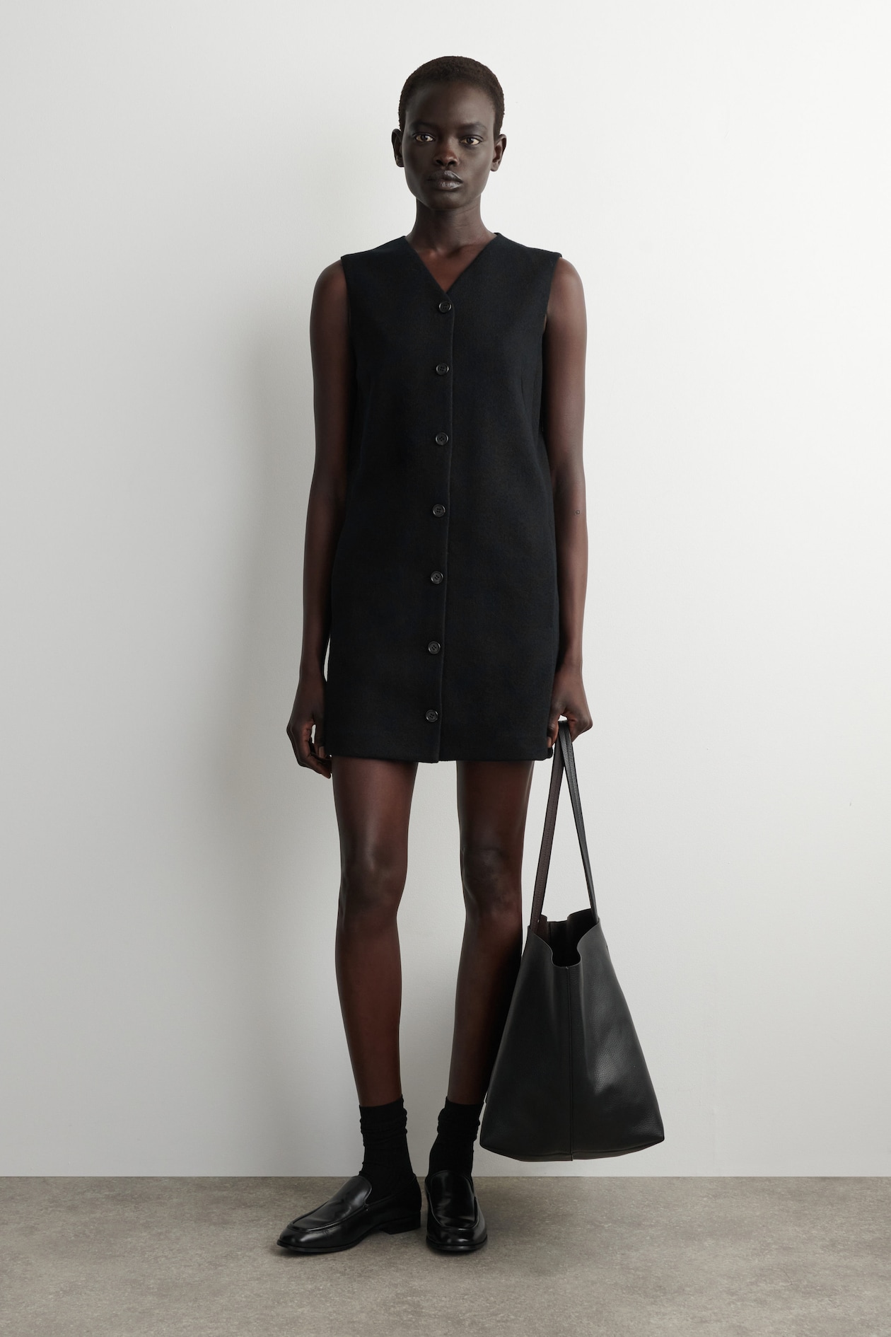 MERINO WOOL BUTTONED SHIFT MINI DRESS - BLACK | COS US