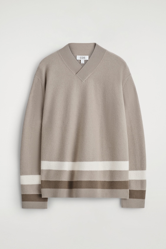 STRIPED BOILED-WOOL V-NECK JUMPER - BEIGE / STRIPED | COS GB