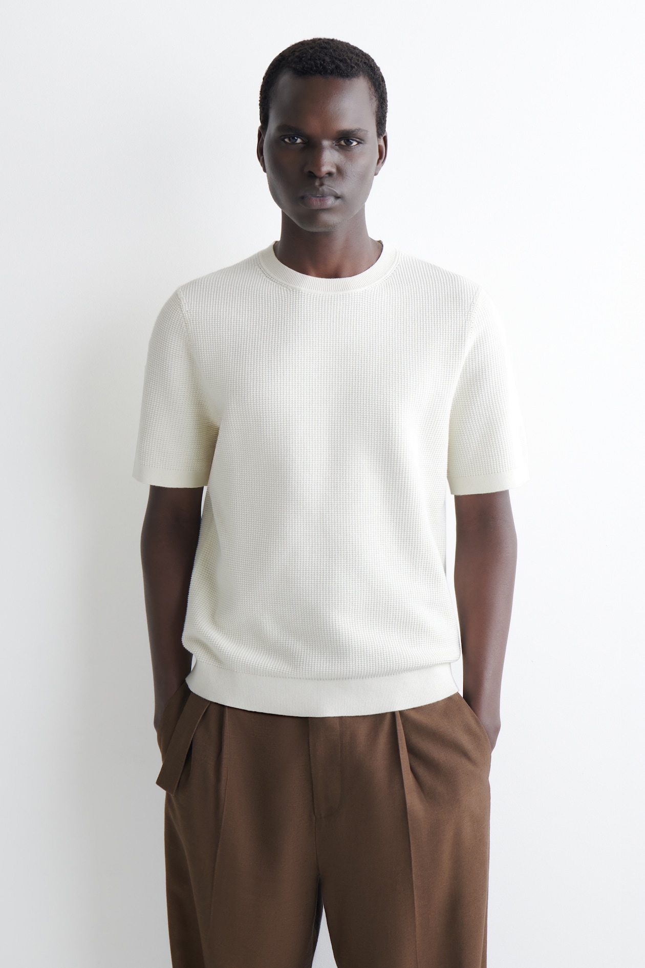 T-shirt de algodão em malha waffle - off-white - HOMEM | H&M PT