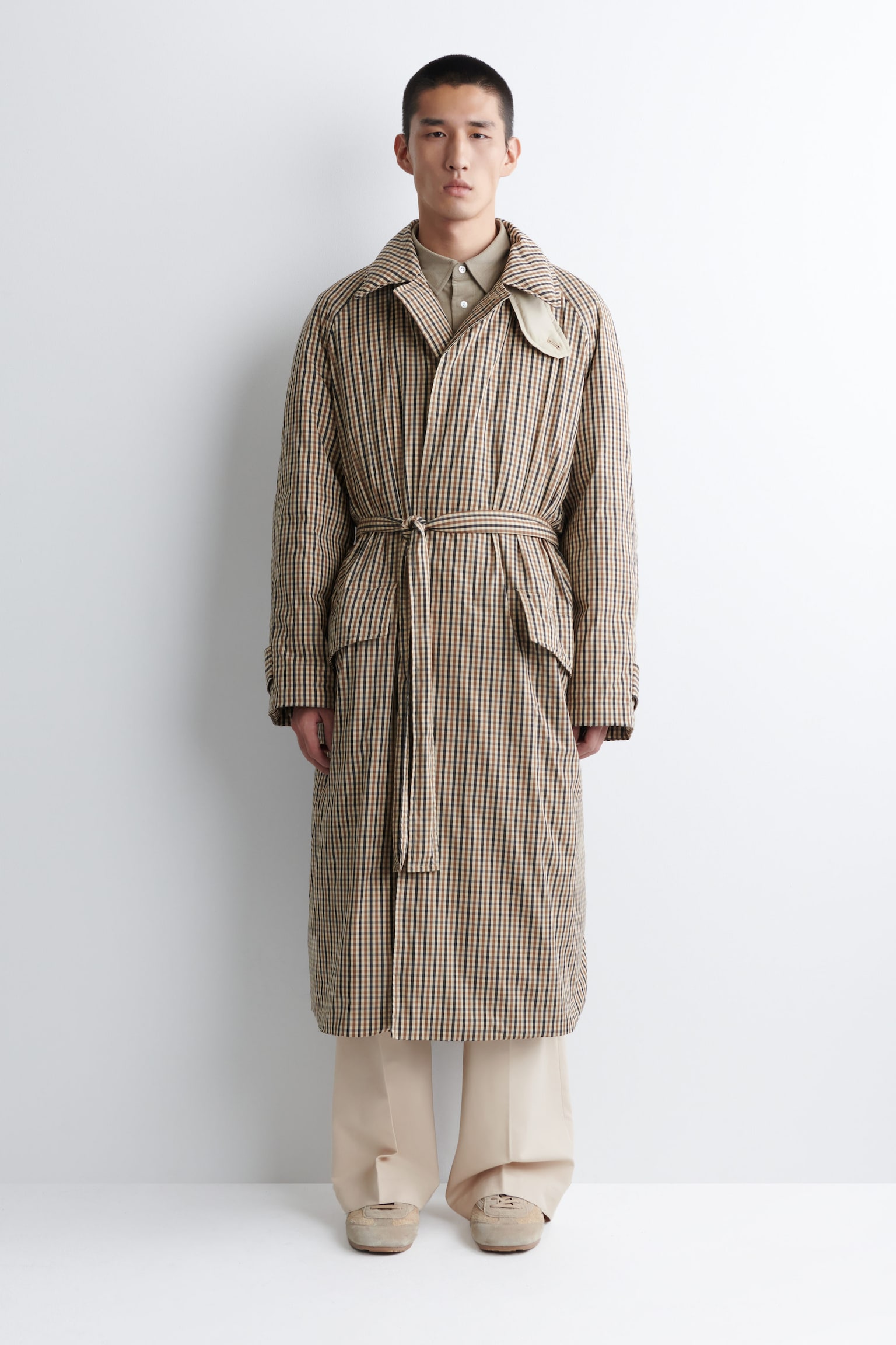 PADDED BELTED FUNNEL-NECK LONG COAT - BEIGE / CHECKED | COS