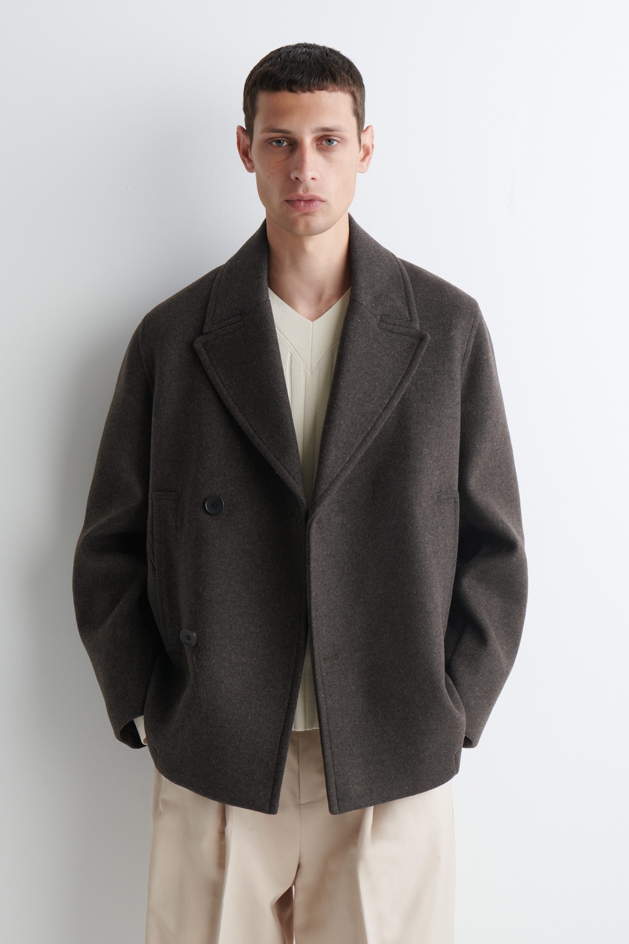 DOUBLE-BREASTED WOOL SHORT PEA COAT - DARK-BROWN MÉLANGE | COS