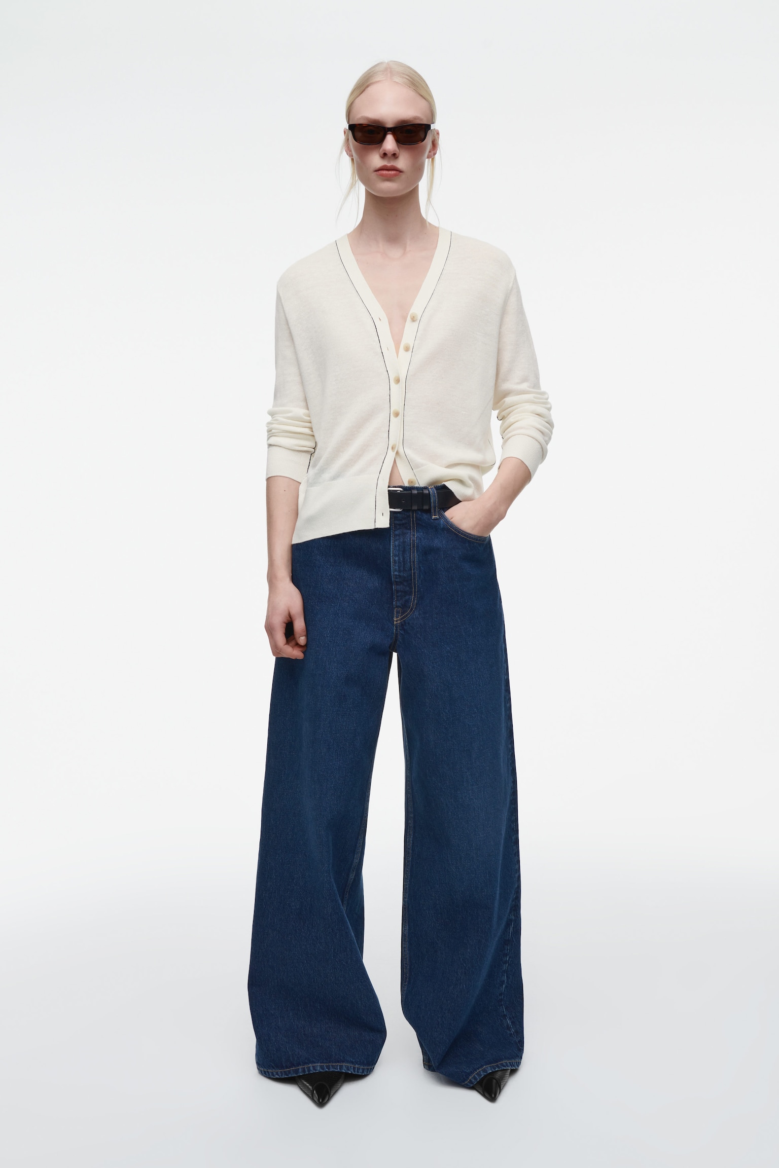 MERINO WOOL-LINEN BLEND V-NECK CARDIGAN - OFF-WHITE | COS