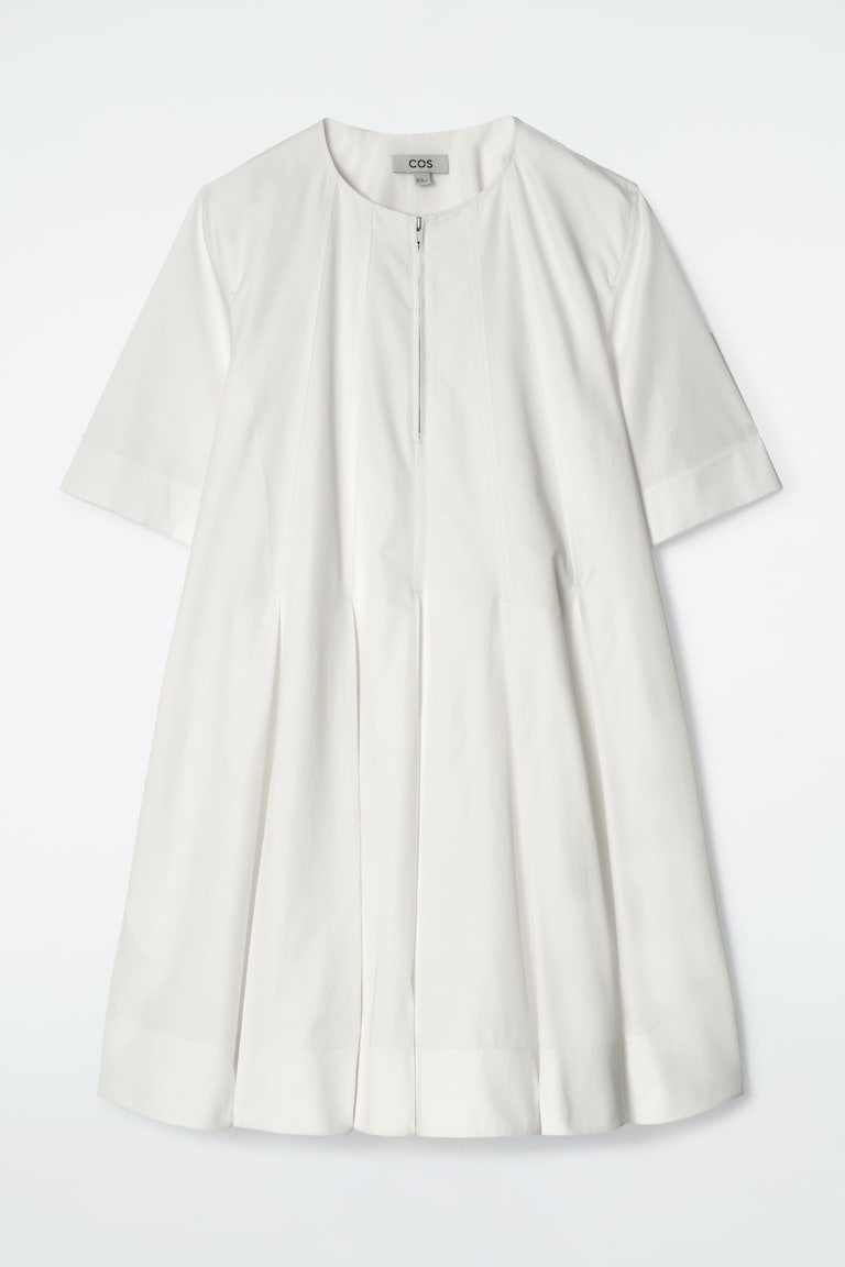 PLEATED ZIP-UP COTTON MINI DRESS - WHITE | COS