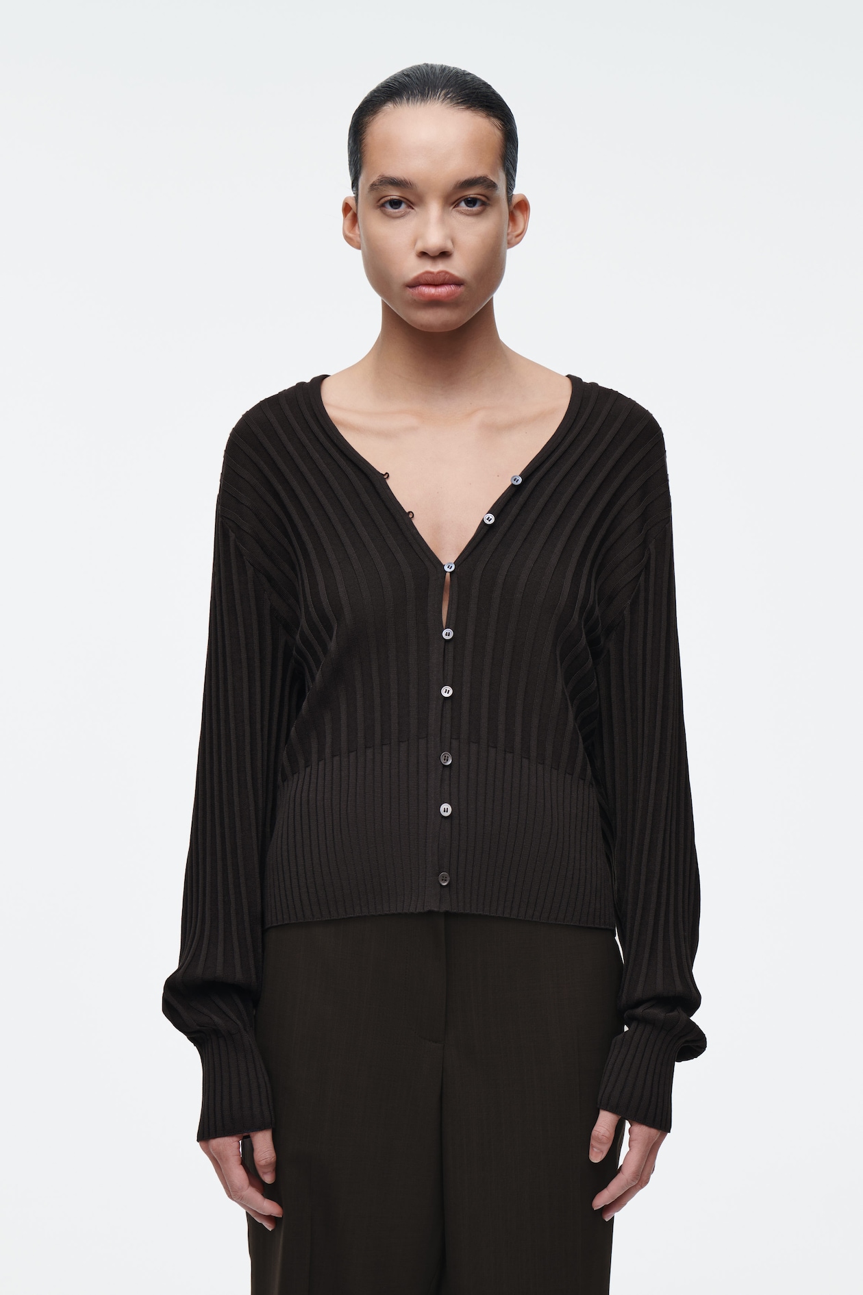 RIB-KNIT SILK CARDIGAN - CHOCOLATE | COS