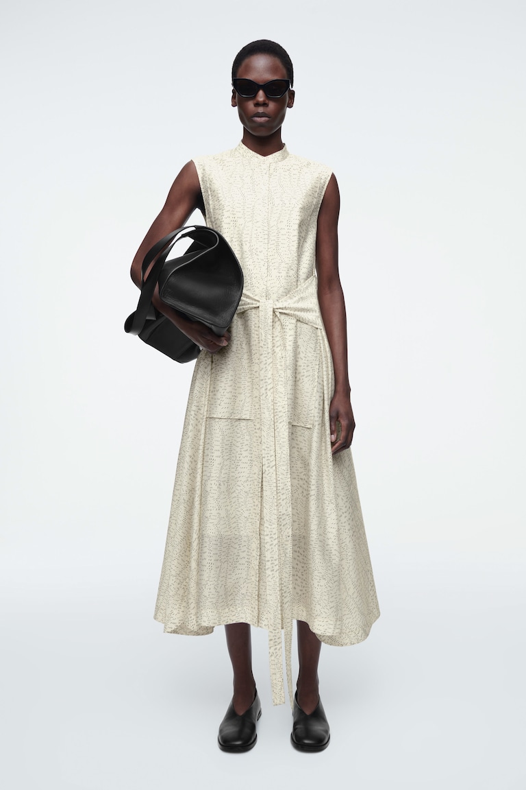 PRINTED FLUID TIE-WAIST MIDI DRESS - CHAMPAGNE / PRINTED | COS