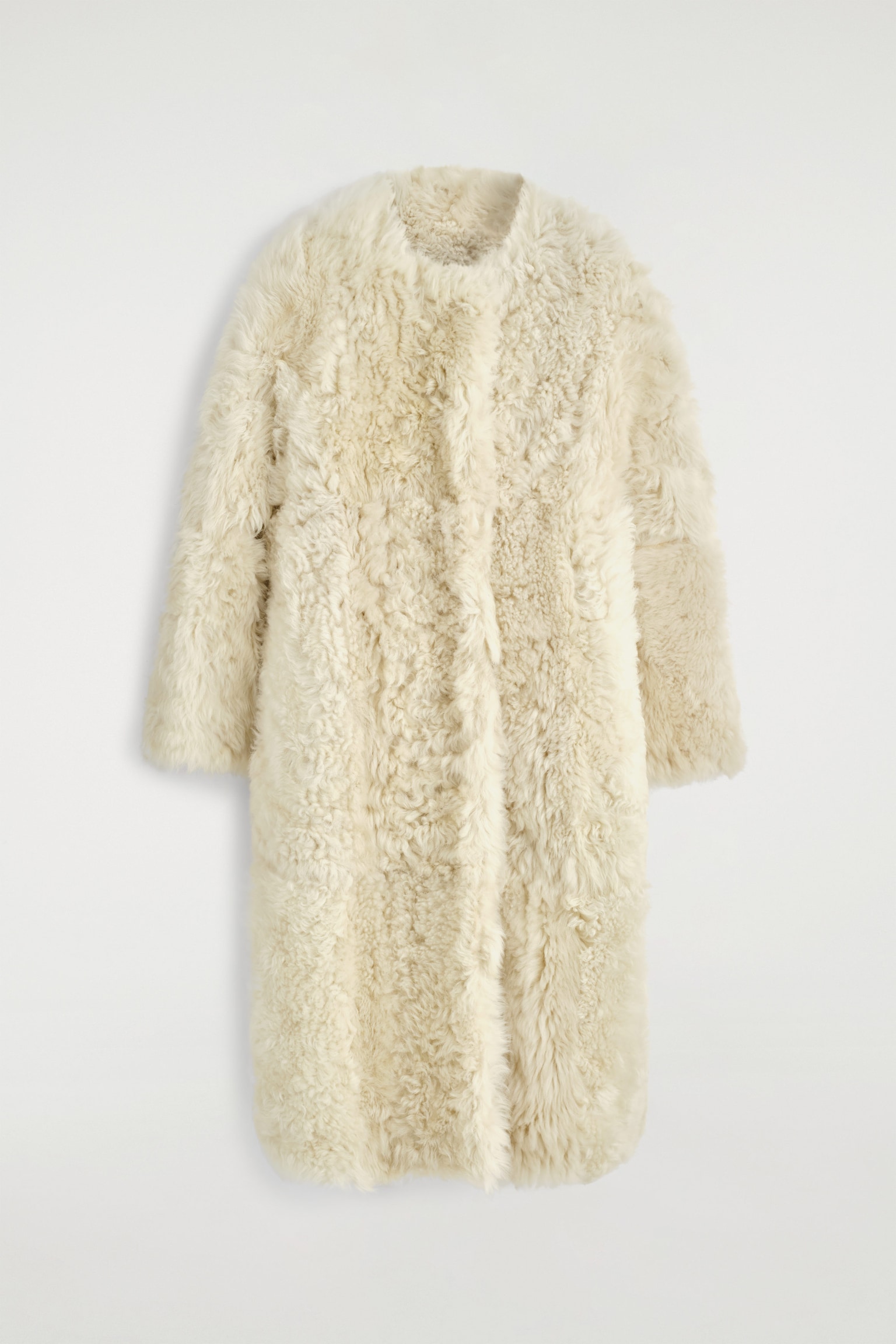 COLLARLESS SHEARLING LONG COAT - CREAM | COS GB