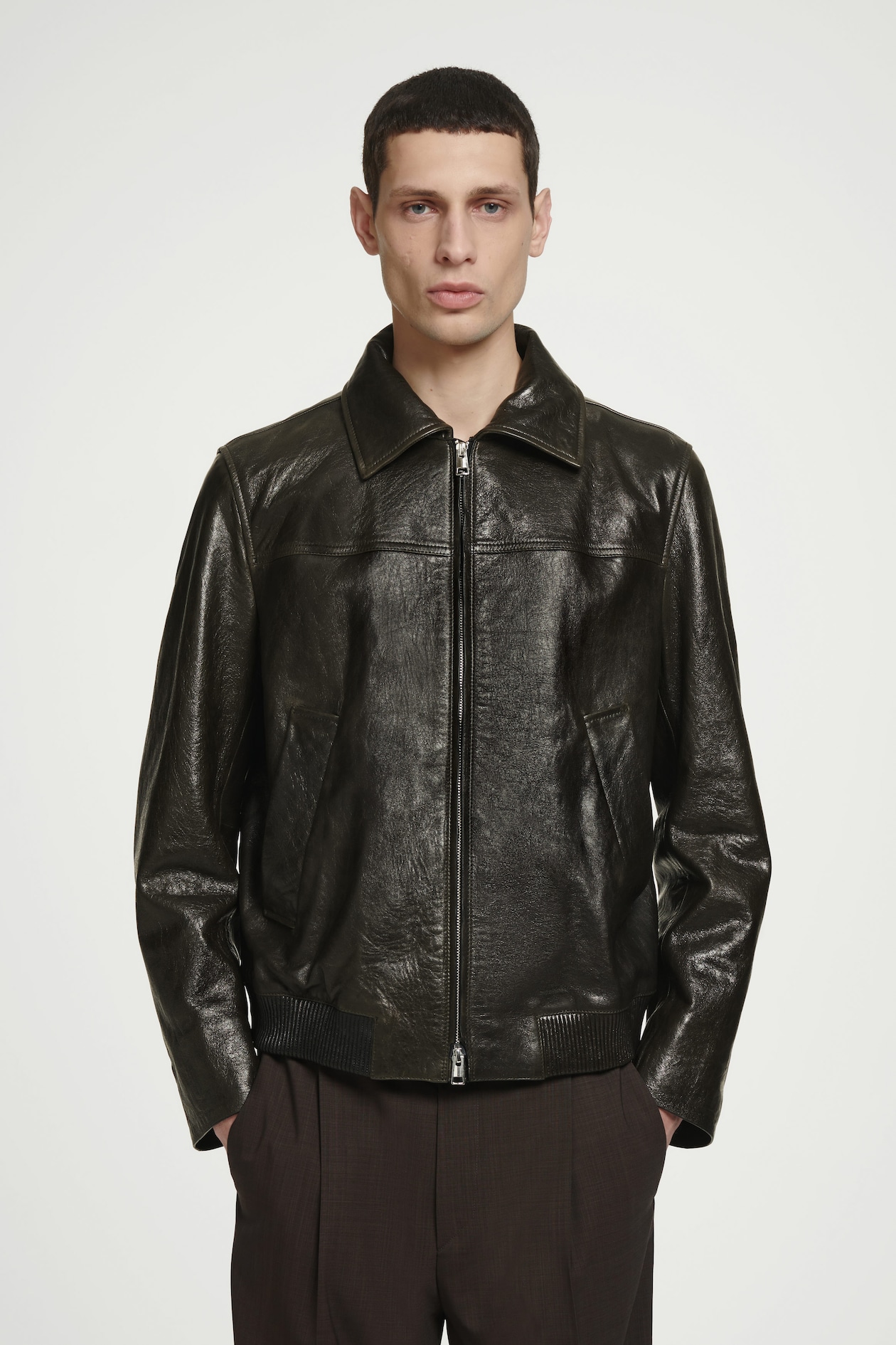 LEATHER AVIATOR JACKET - DEEP KHAKI | COS