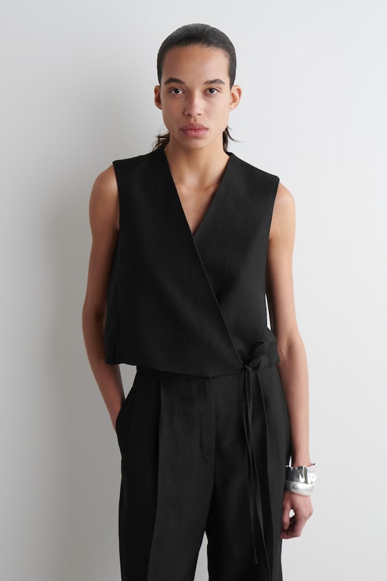 TIE-DETAIL LINEN-BLEND WRAP WAISTCOAT - BLACK | COS